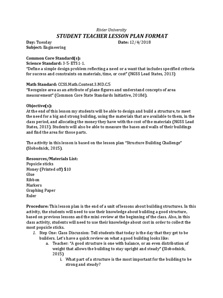 Student Teacher Lesson Plan Format: Rivier University | PDF | Lesson ...