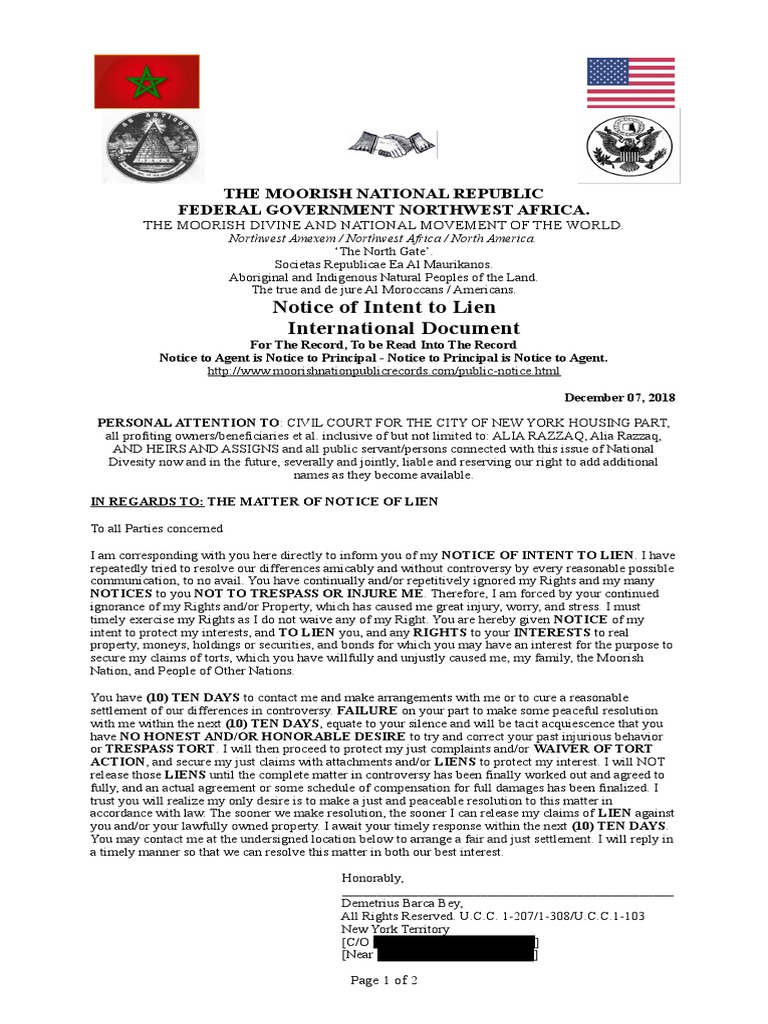 Notice of Intent To Lien Alia Razzaq | PDF | Lien | Trespass