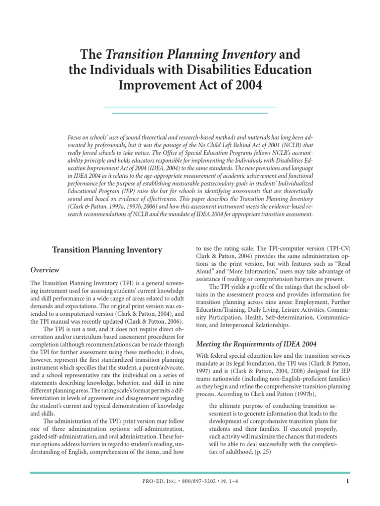 Transition Planning Inventory and Idea 2004 Article | PDF | No Child ...