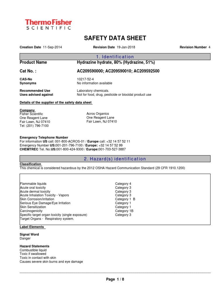 Hydrazine Hydrate 80% | PDF | Toxicity | Dangerous Goods