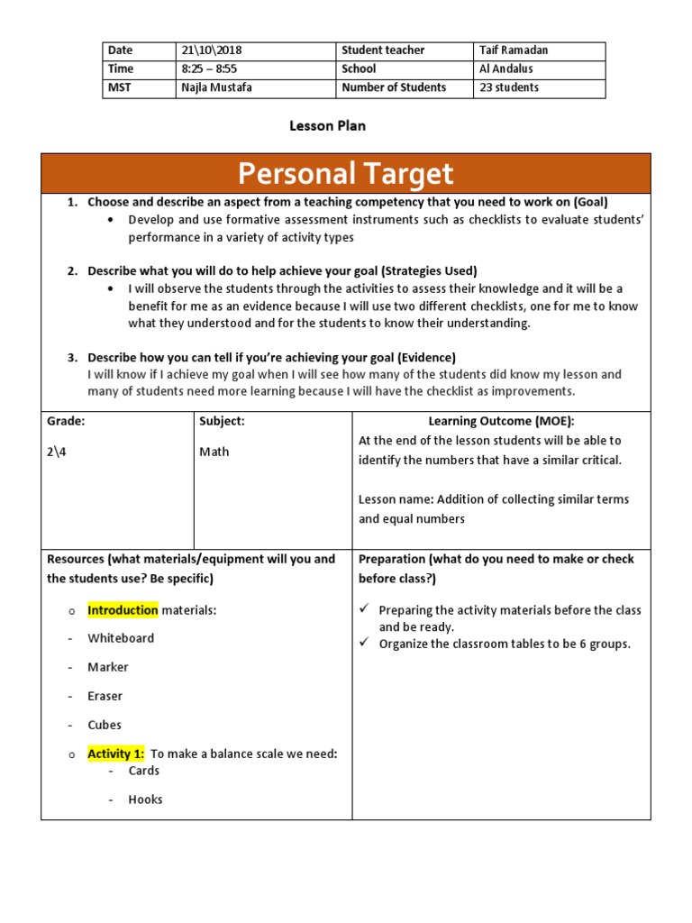 Personal Target: Lesson Plan | Download Free PDF | Behavior ...