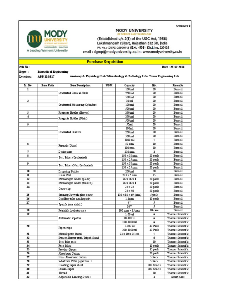 Purchase Requisition: Sr. No. Item Code Item Description UOM Capacity ...