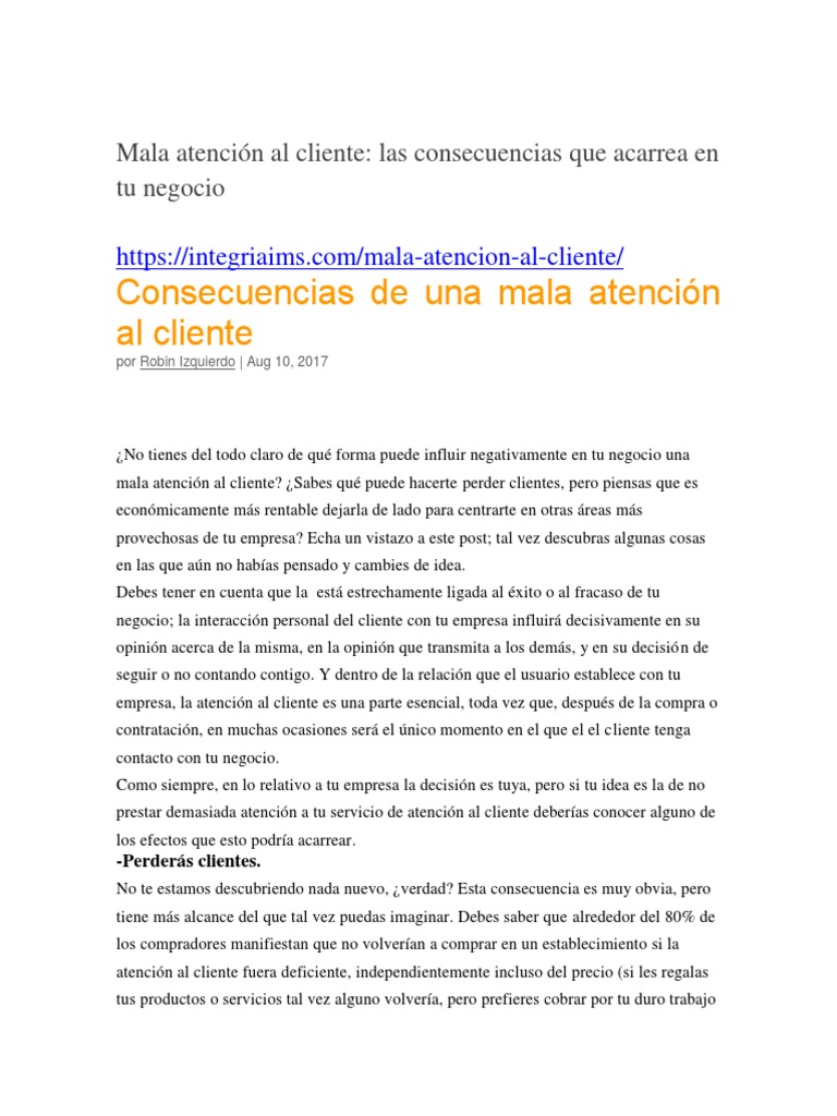 Mala Atención Al Cliente | PDF | Servicio al Cliente | Cliente