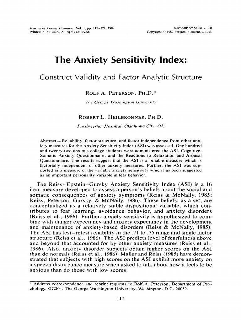 The Anxiety Sensitivity Index:: Construct Validity and Factor Analytic Structure | PDF | Anxiety ...