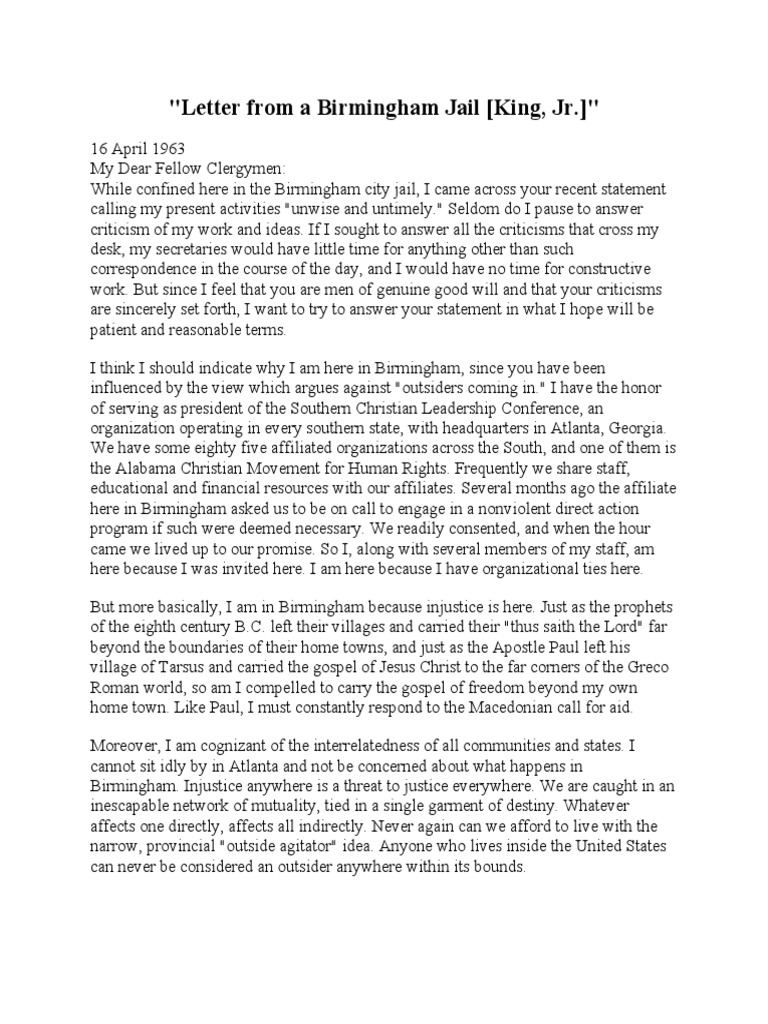 Letter From A Birmingham Jail | PDF | Extremism | Religion And Belief