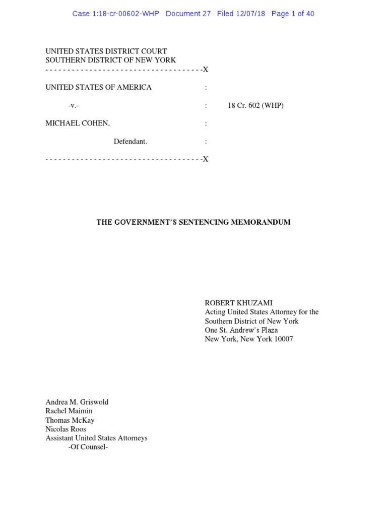 Michael Cohen Sentencing Memo | PDF | United States Federal Sentencing ...