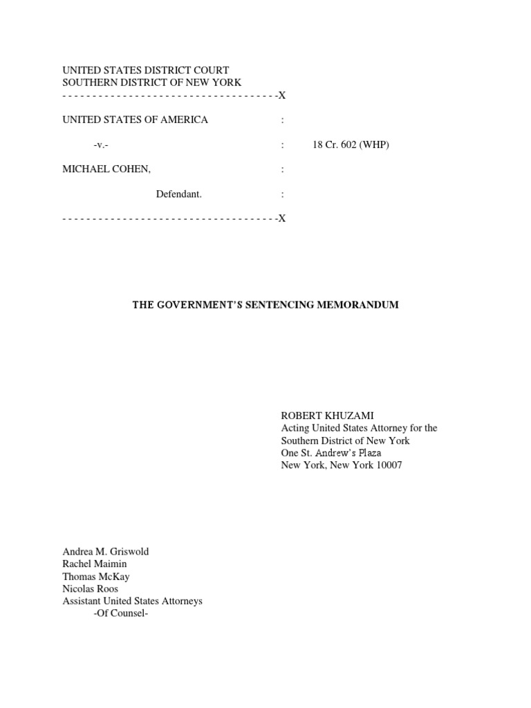 Michael Cohen Sentencing Memo SDNY | PDF | Refinancing | Debt