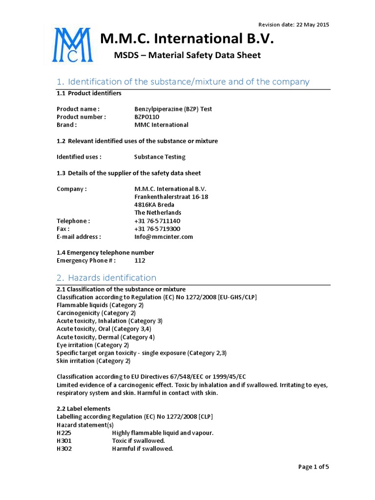 MSDS for Benzylpiperazine (BZP) Test Substance from M.M.C ...