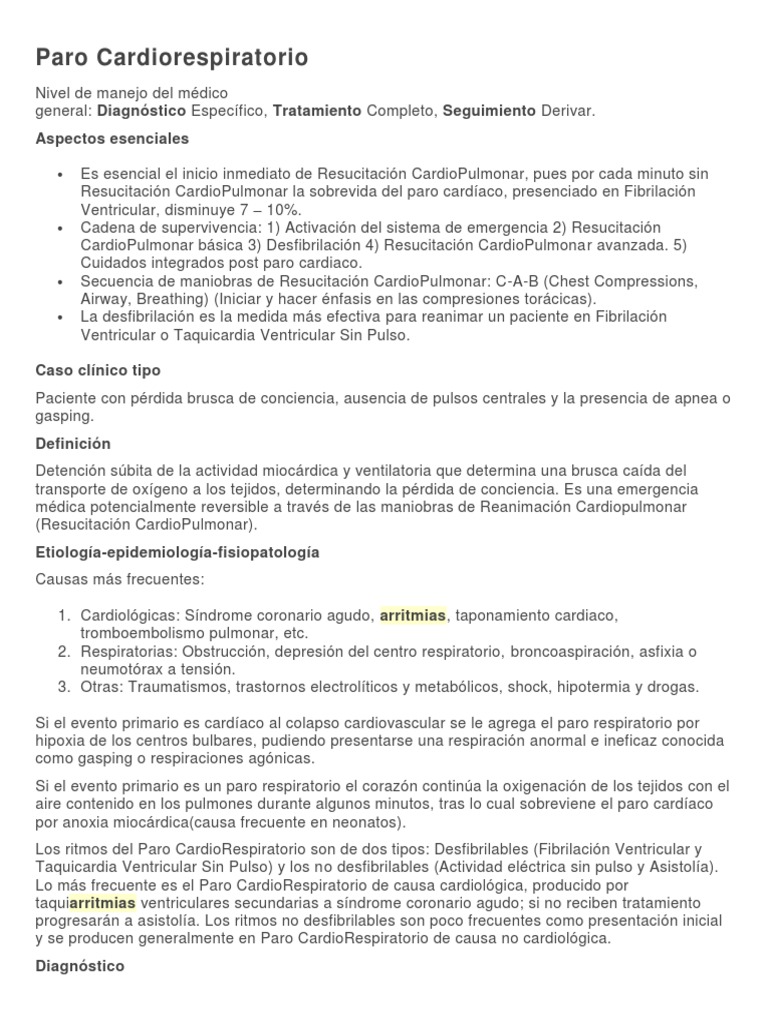 Paro Cardiorespiratorio | PDF | Paro cardíaco | Reanimación cardiopulmonar