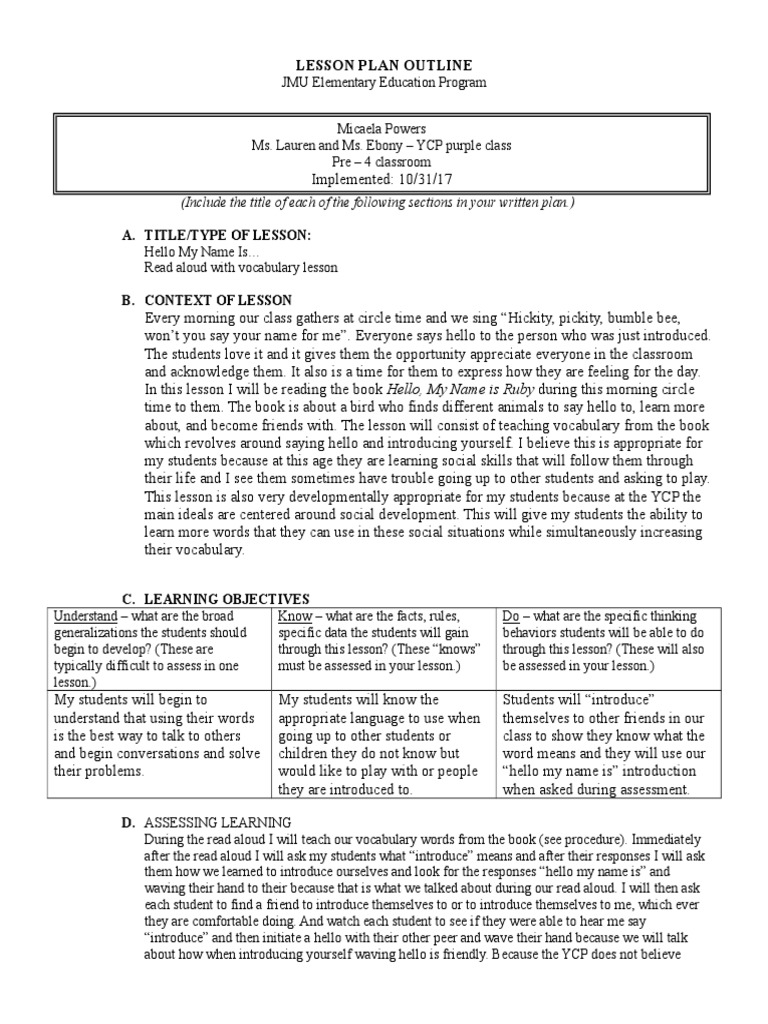 Hello, My Name Is... Lesson Plan | PDF | Vocabulary | Lesson Plan