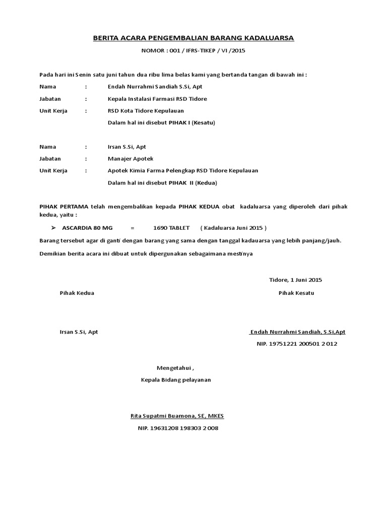 Berita Acara Pengembalian Barang Kadaluarsa | PDF