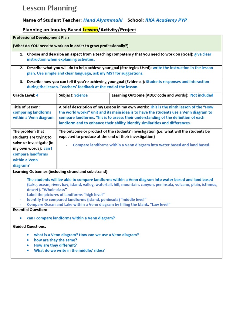 Lesson Plan of Landforms and Venn Diagram | PDF | Goal | Teachers