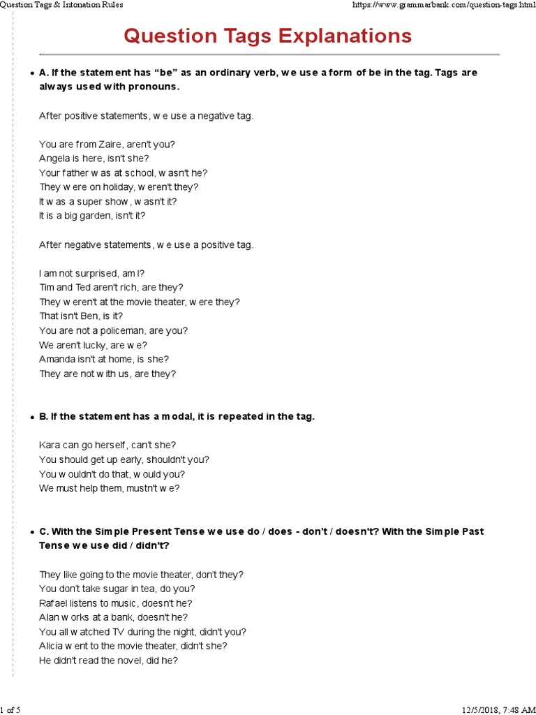 Question Tags & Intonation Rules | PDF | Question | Syntax