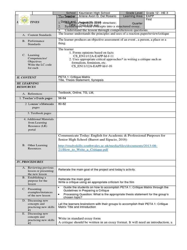 DLP - EAPP August 29 Critique Film Continue | PDF | Essays | Pedagogy