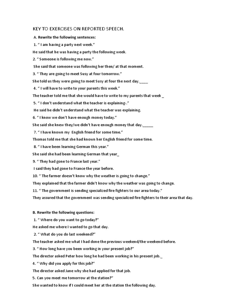 Key To Exercises On Reported Speech (I) | PDF