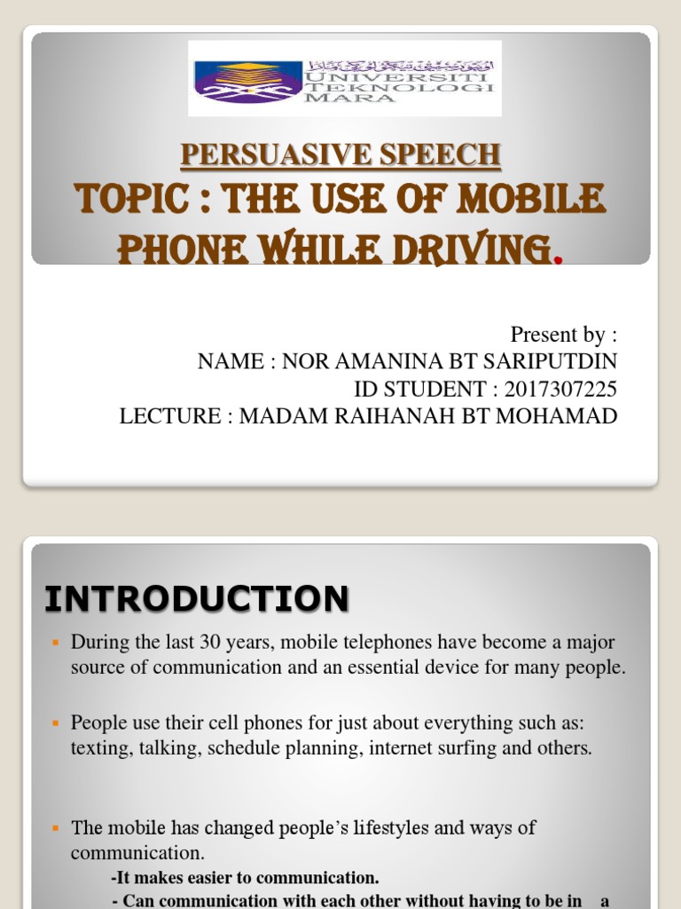 TOPIC: The Use of Mobile Phone While Driving: Persuasive Speech | PDF ...