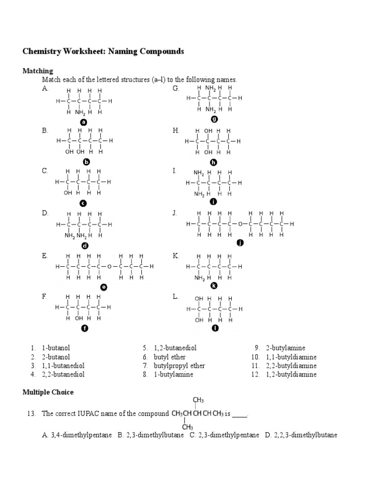 Chemistry Worksheet Balancing Equations and Naming Compounds | PDF ...