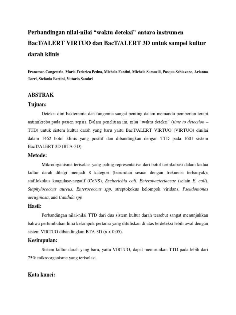 Perbandingan Nilai-Nilai "Waktu Deteksi" Antara Instrumen BacT - ALERT VIRTUO Dan BacT - ALERT ...