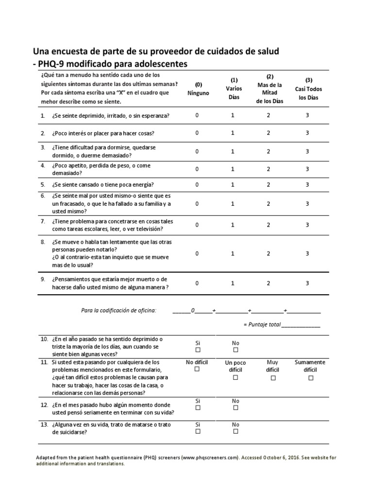 PHQ A Adolescentes | PDF | Psicologia POSITIVA | Campos relacionados ...