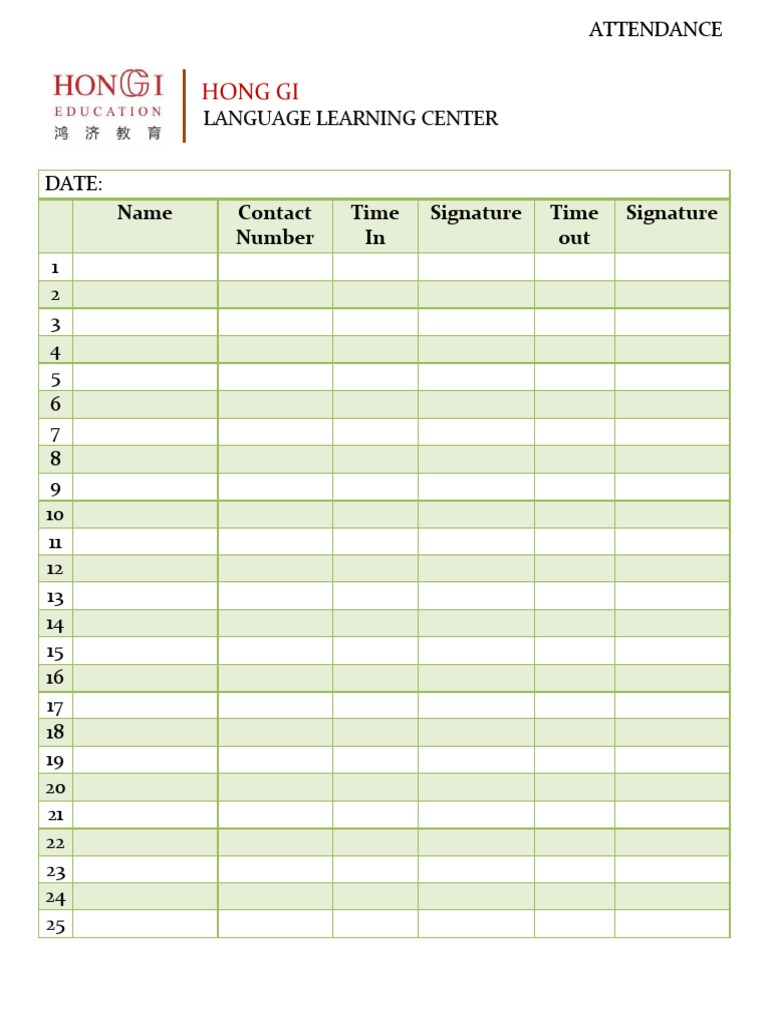 Hong Gi: Name Contact Number Time in Signature Time Out Signature | PDF