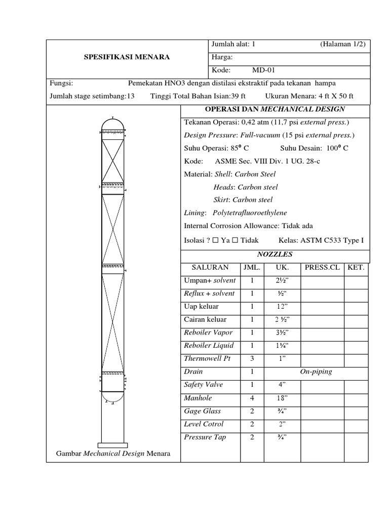 Spesifikasi Menara Distilasi HNO3 | PDF