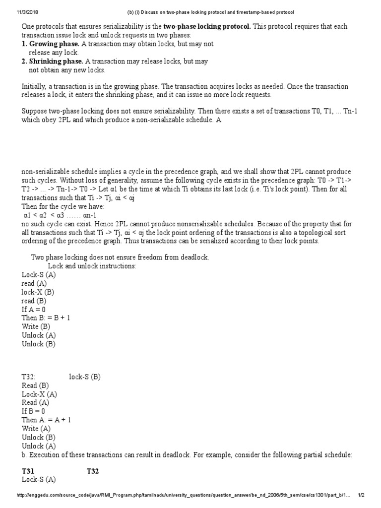 (B) (I) Discuss On Two-Phase Locking Protocol and Timestamp-Based ...
