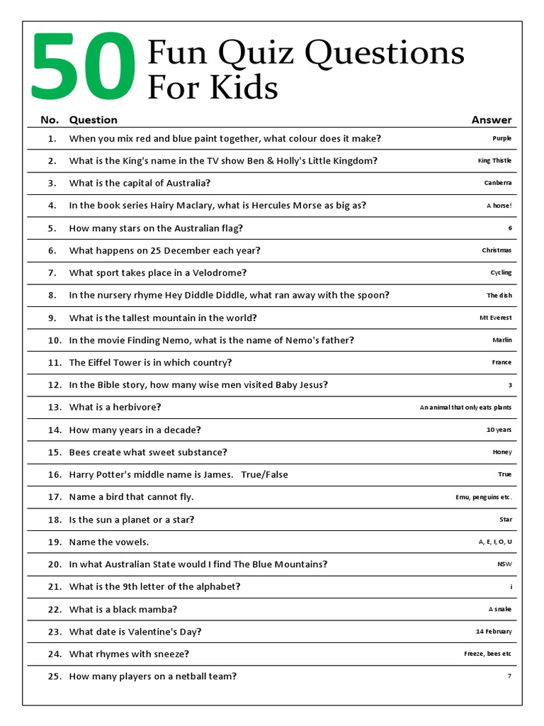 50 Fun Quiz Questions For Kids 1 | PDF | Leisure | Nature