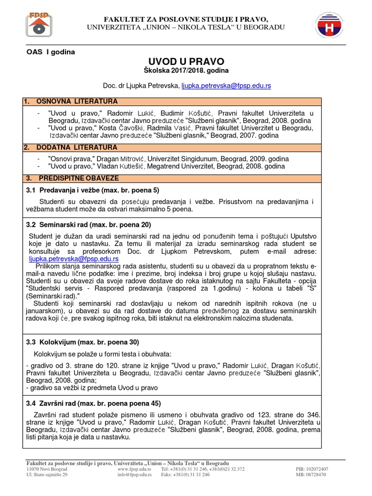 UVOD U PRAVO - Ispitna Pitanja I Seminarski Radovi Za 2017-18 | PDF