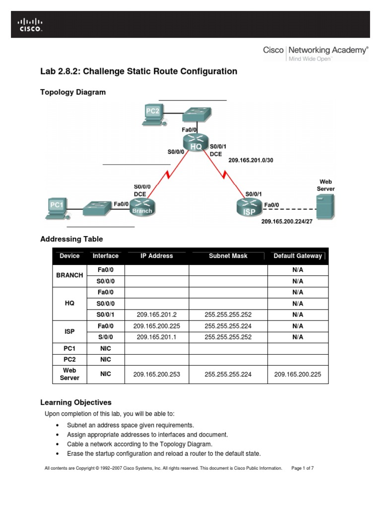 Lab 2.8.2. Challenge Static Route Configuration | PDF | Router ...