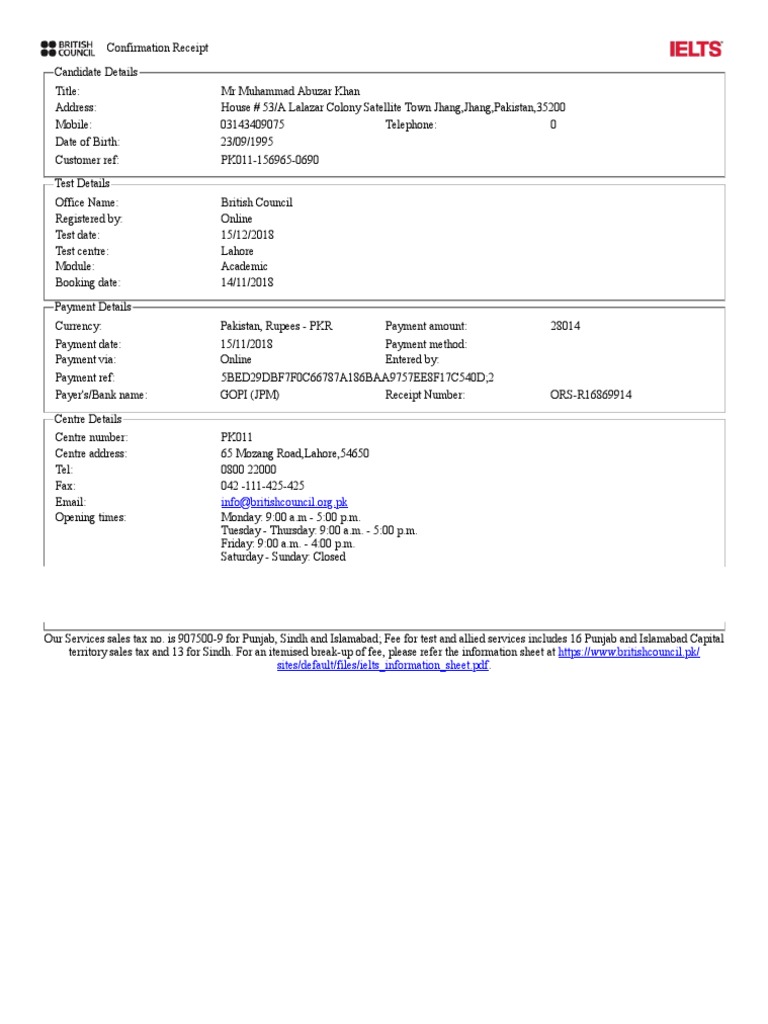IELTS Payment Confirmation Receipt | PDF