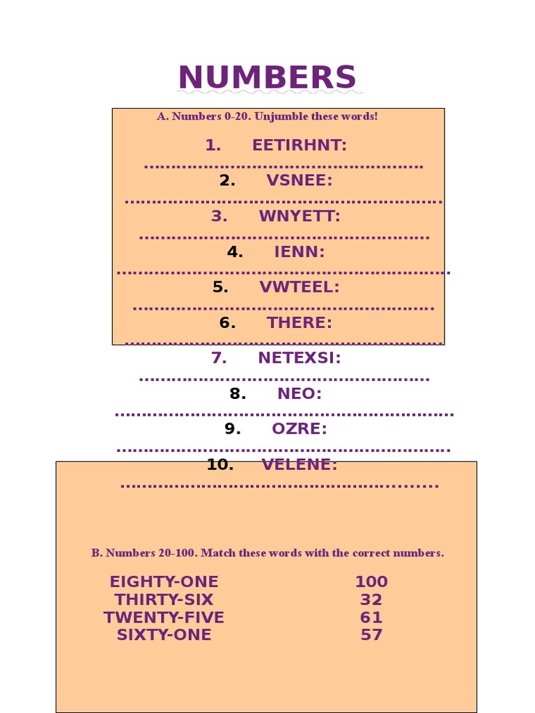 Numbers: A. Numbers 0-20. Unjumble These Words! | PDF