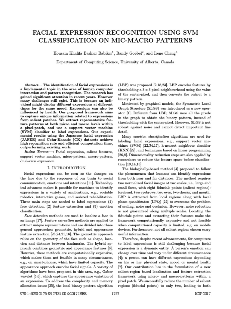 Facial Expression Recognition Using SVM Classification On Mic-Macro Patterns | PDF