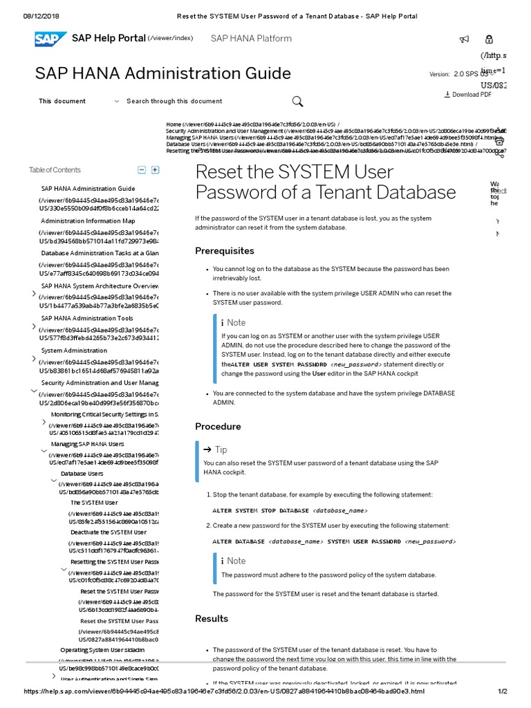 Reset The SYSTEM User Password of A Tenant Database - SAP Help Portal | PDF | Password | Databases