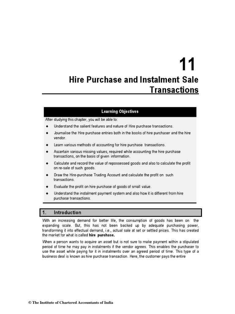 Hire Purchase and Instalment Sale Transactions: Learning Objectives ...
