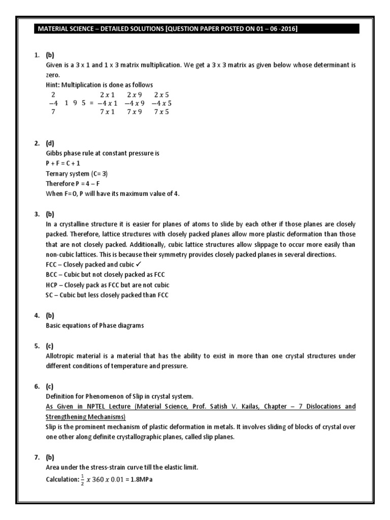 Material Science - Detailed Solutions (Question Paper Posted On 01 - 06 ...