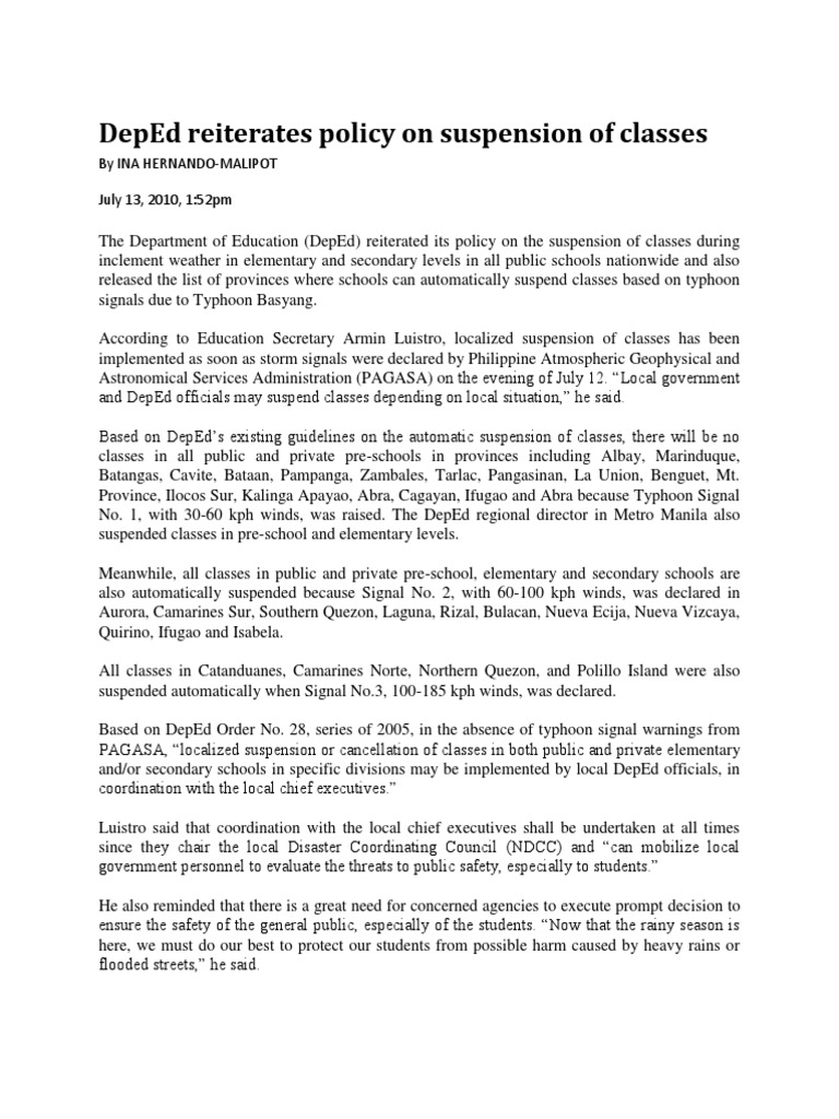 DepED Guidelines On Suspension of Classes | PDF | Vortices | Typhoon