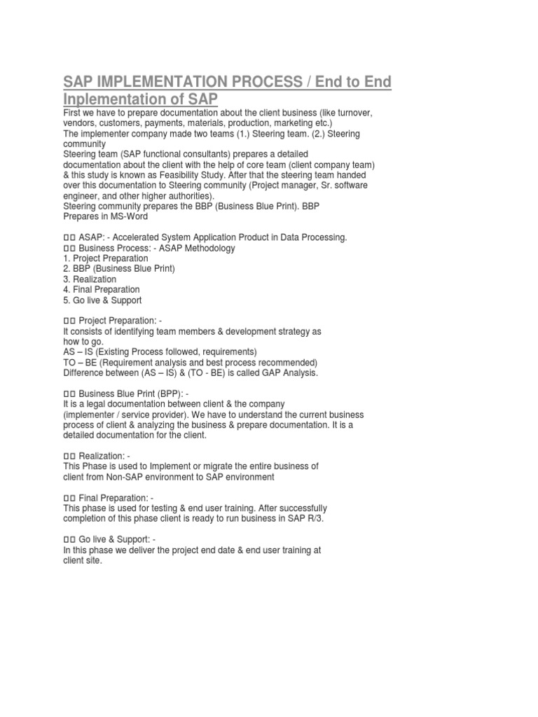 Sap Implementation Process Sadada DSDSD | PDF