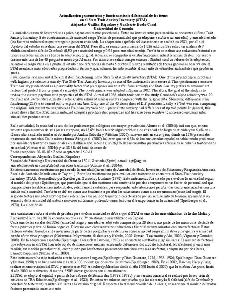 State Trait Anxiety Inventory (STAI) | PDF | Alfa de Cronbach ...