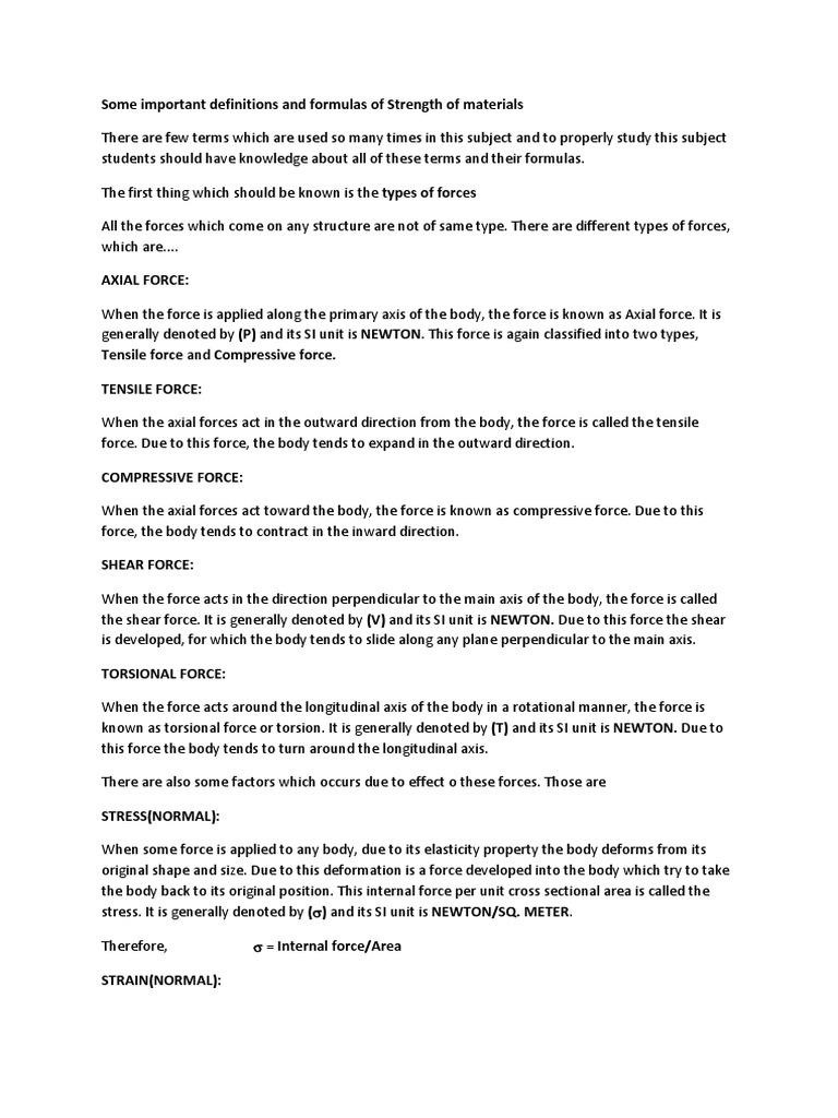 Some Important Definitions and Formulas of Strength of Materials | PDF ...