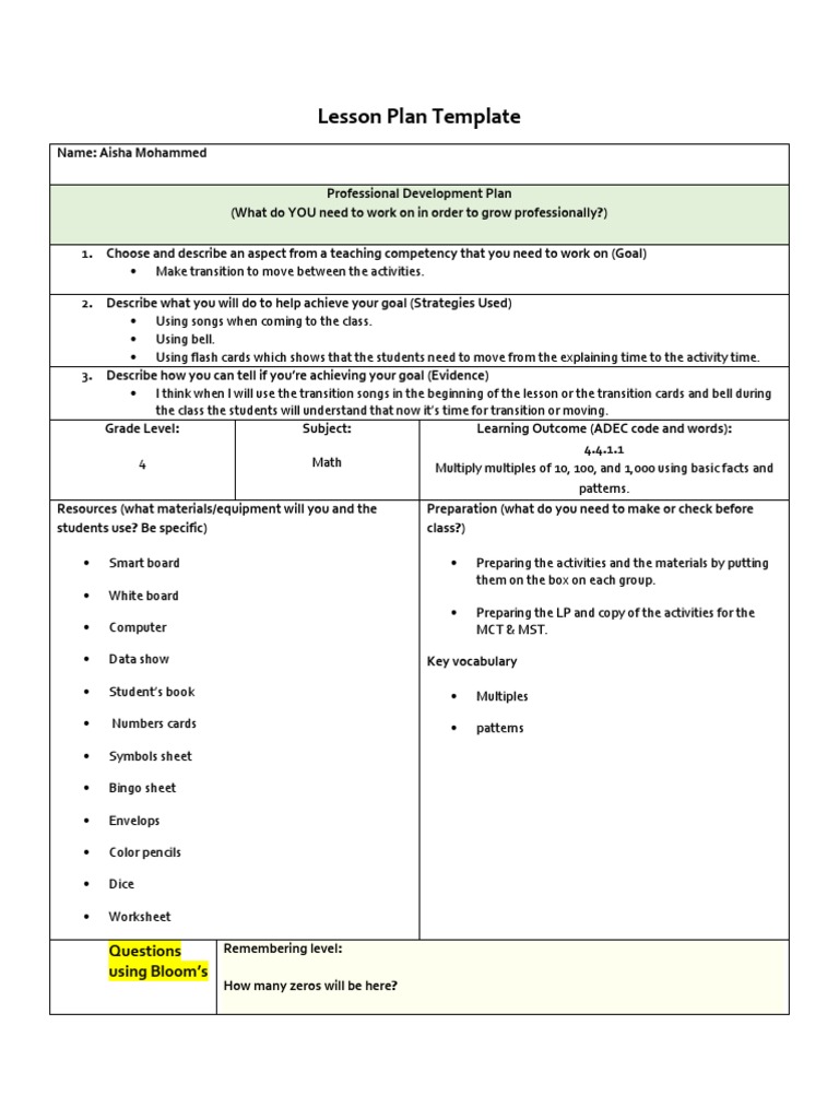 Lesson Plan Template: Questions Using Bloom's | PDF | Equations ...