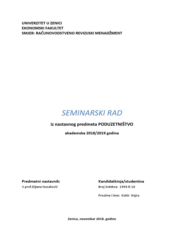 Seminarski Rad Poduzetnistvo | PDF
