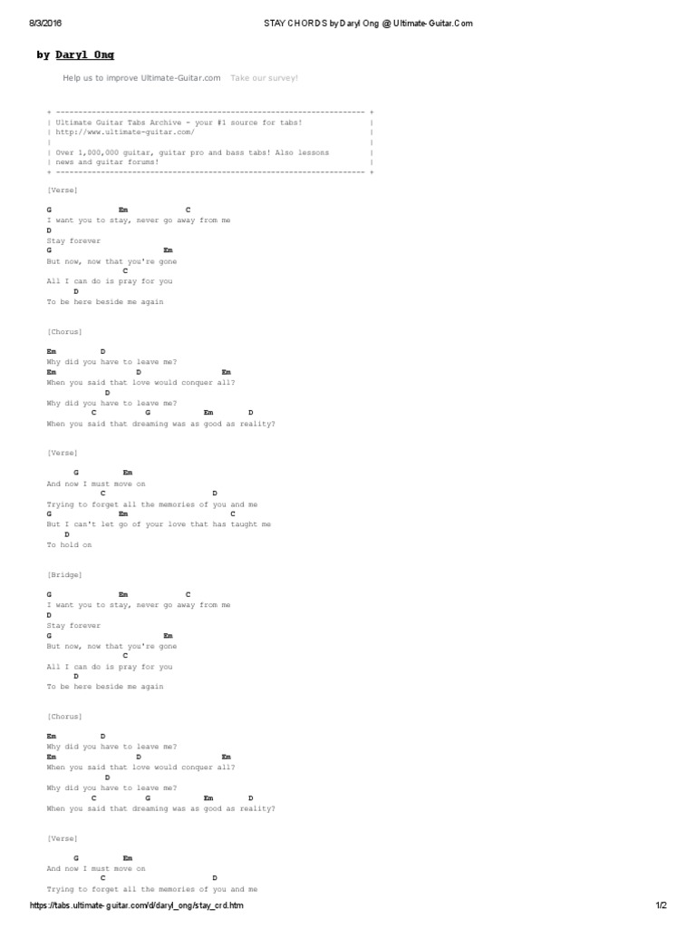 STAY CHORDS by Daryl Ong at Ultimate-Guitar | PDF | Song Structure | Songs