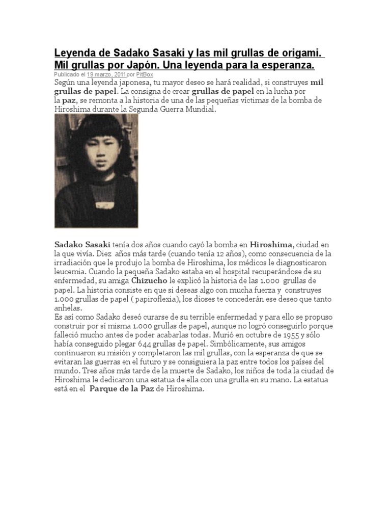 Sadako Sasaki y las Mil Grullas | PDF | Libros para adolescentes