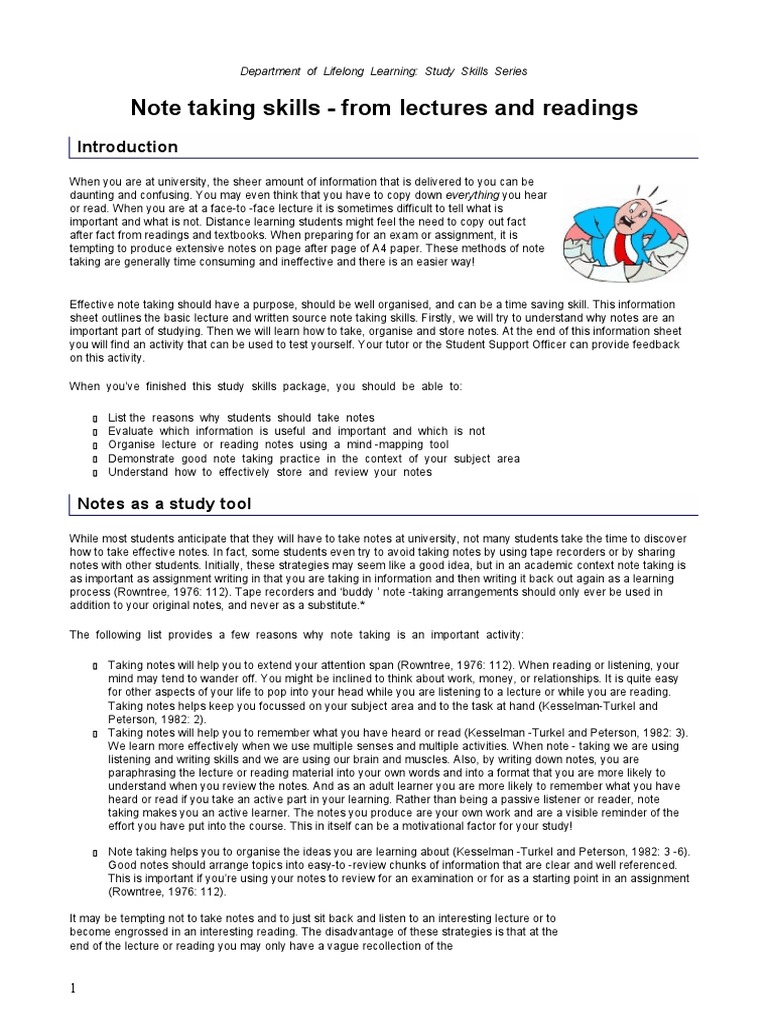 Note Taking Skills - From Lectures and Readings: Department of Lifelong ...