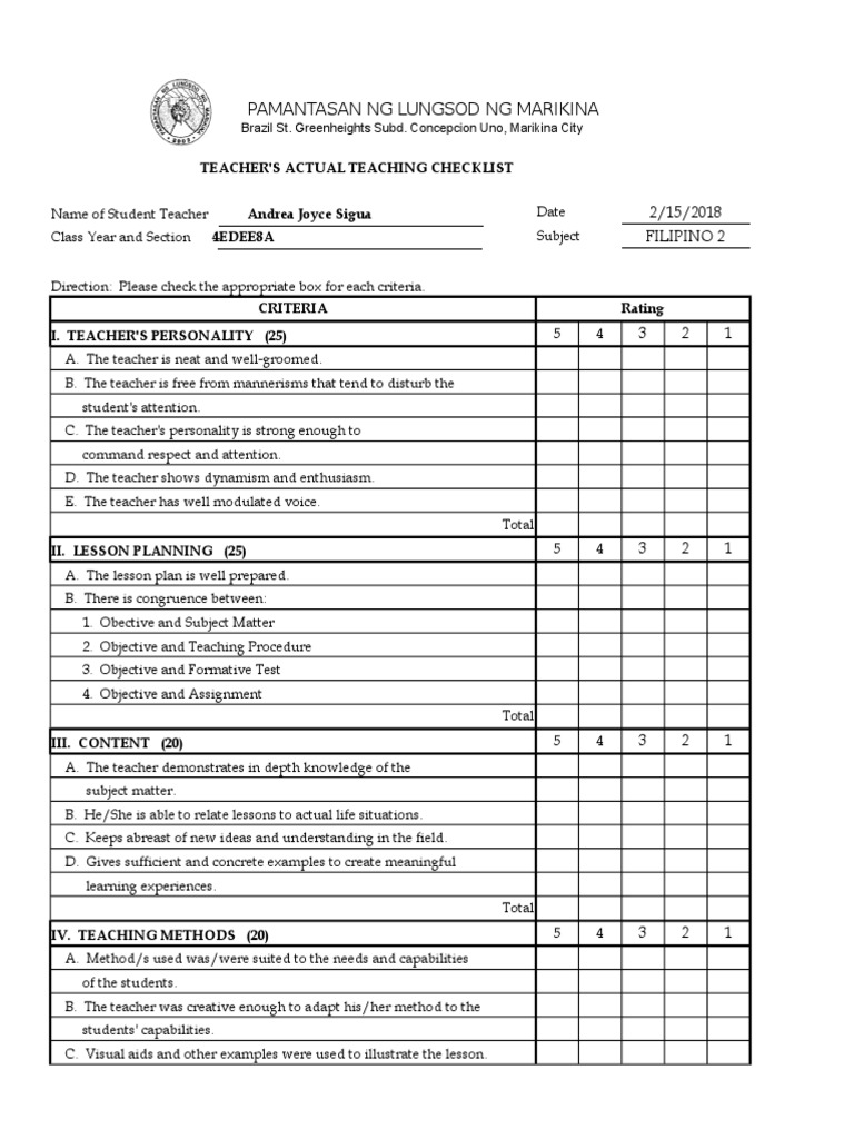 Pt Final Teaching Demo Checklist Teaching Method Teachers