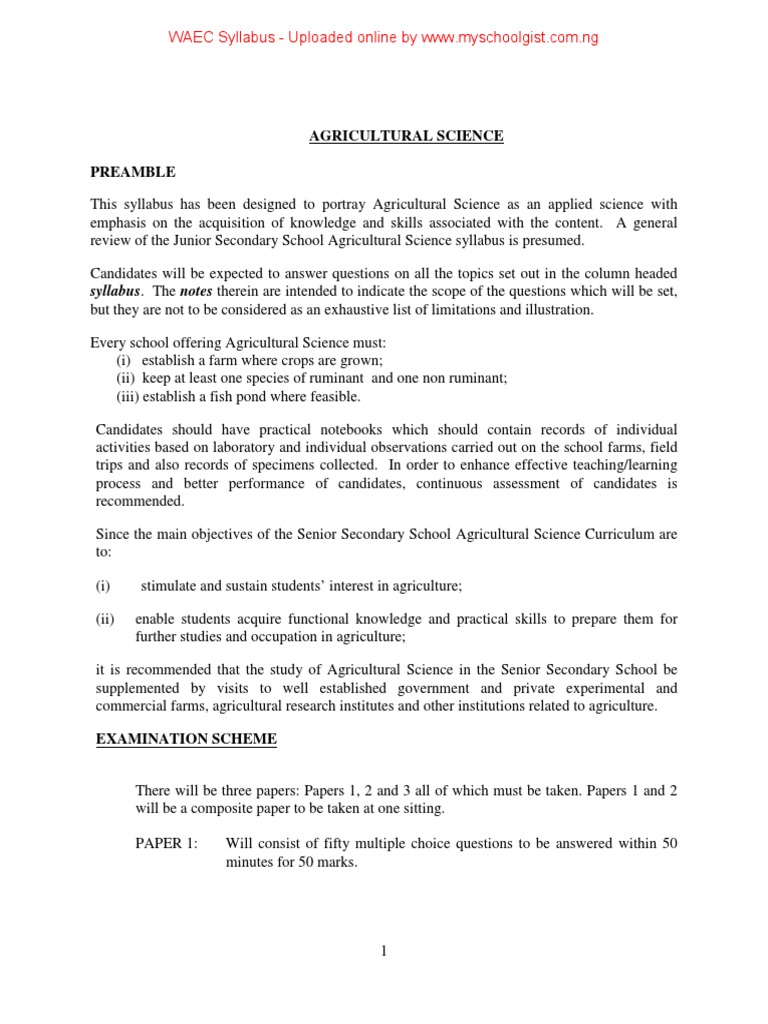 Agricultural Science: Syllabus. The Notes Therein Are Intended To ...