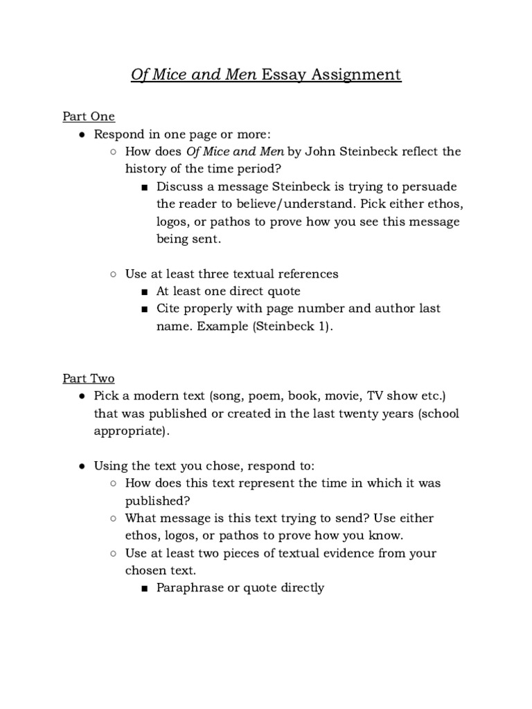 Of Mice and Men Essay Assignment Guide | PDF | Logos | Rhetoric