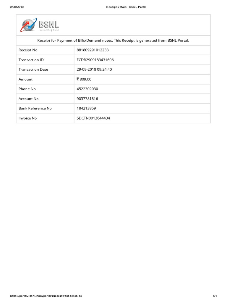 BSNL Bill Payment Receipt Details | PDF