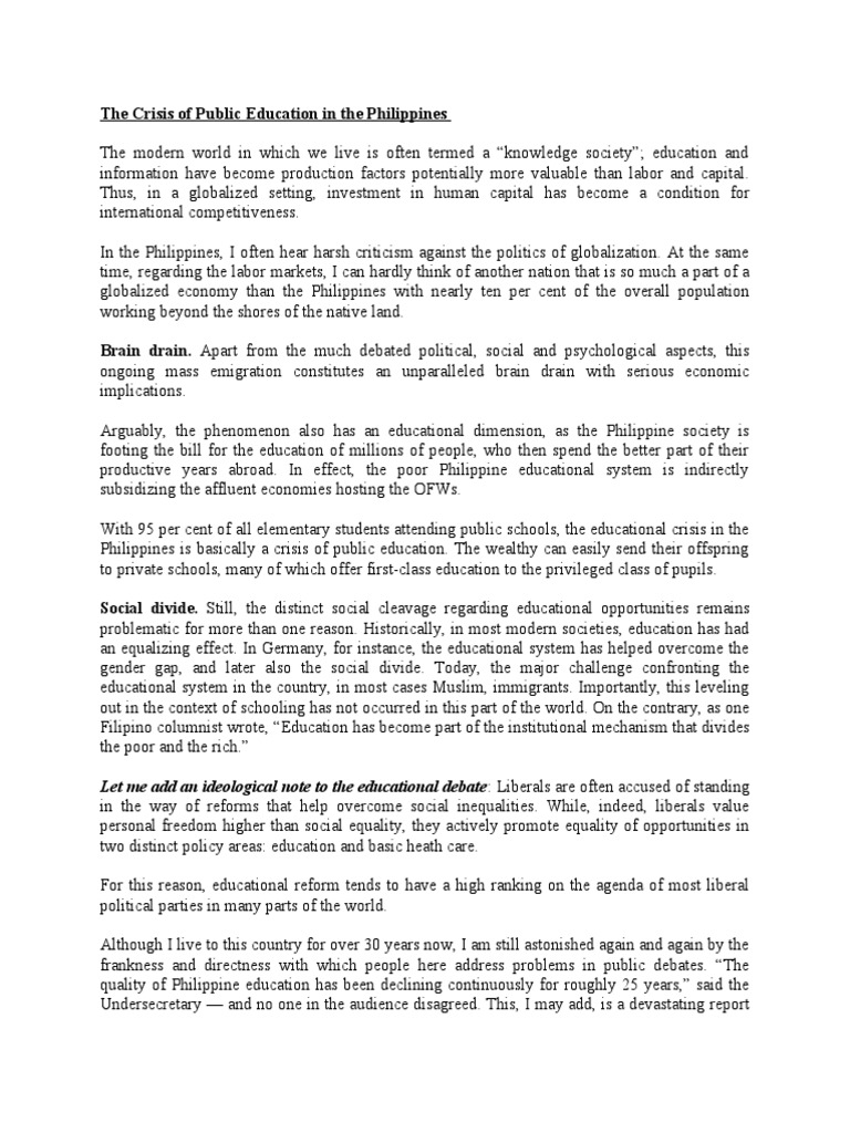 The Educational Crisis in the Philippines: A Crisis of Public Education ...