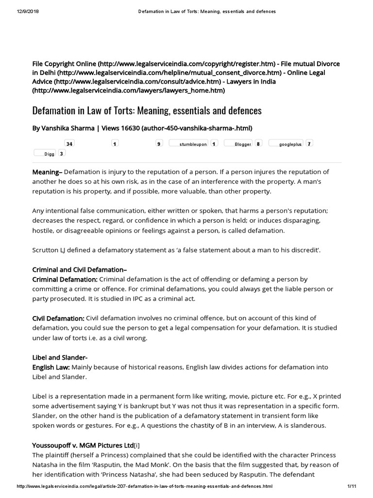 Defamation in Law of Torts - Meaning, Essentials and Defences | PDF ...